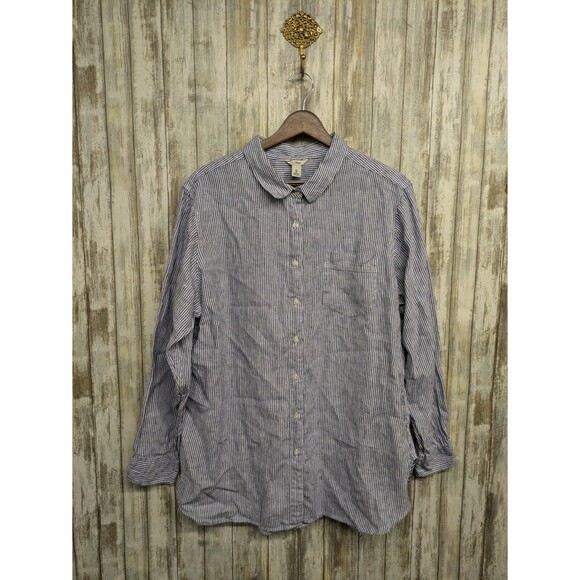 L.L. Bean | Tops | Ll Bean Womens 0 Linen Button Down Shirt Pinstripe Navy White Coastal Xl ...